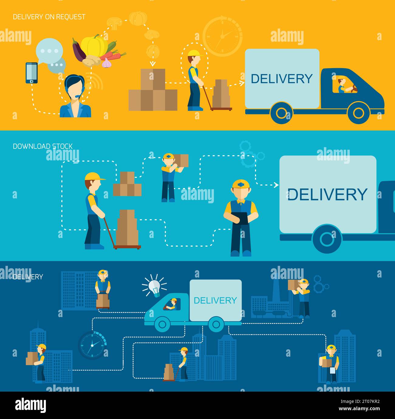 Delivery man banner flat set with request download stock elements ...