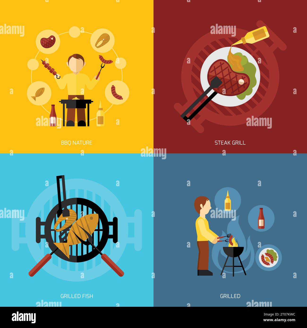 Bbq grill design concept set with fish and meat steaks cooking icon flat isolated vector ...