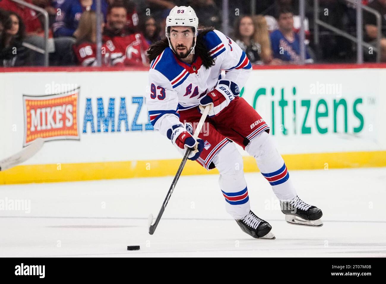 New York Rangers' Mika Zibanejad (93) looks to pass the puck during the ...