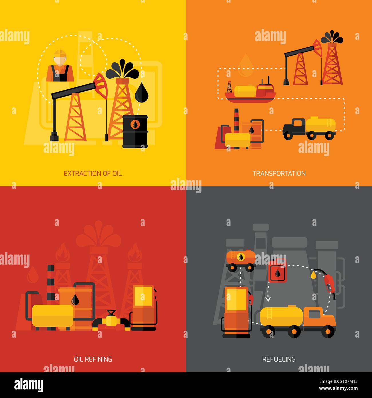Oil industry design concept set with extraction transportation refining refueling flat icons ...