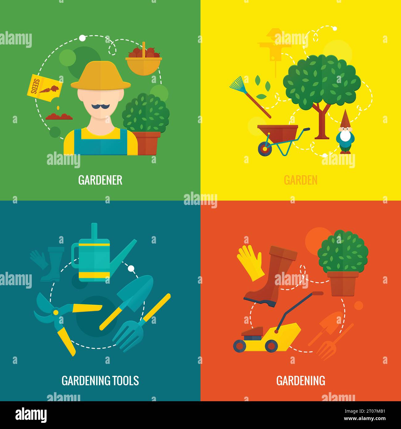 Country hobby gardener tools and accessories 4 flat icons of lawn mower ...