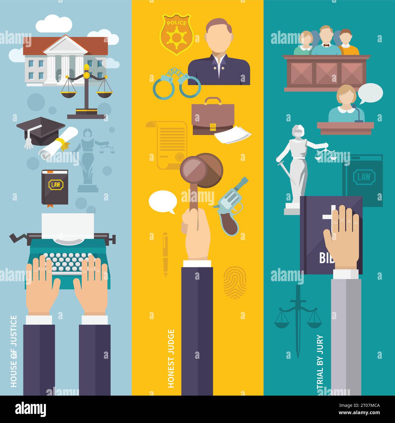 Law banner set with house of justice honest judge trial by jury ...