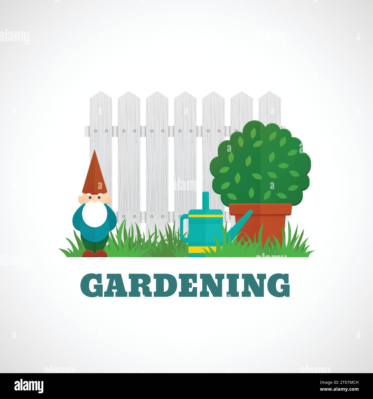 Gardening flat poster with dwarf fence and water pot on the lawn vector ...