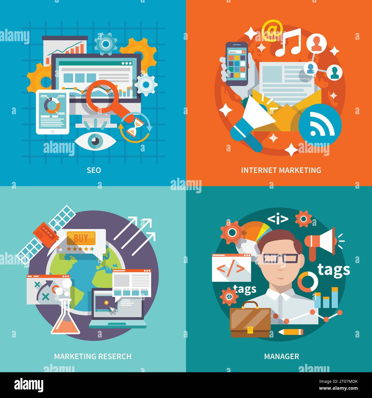 Seo internet marketing design concept with research manager flat icons ...