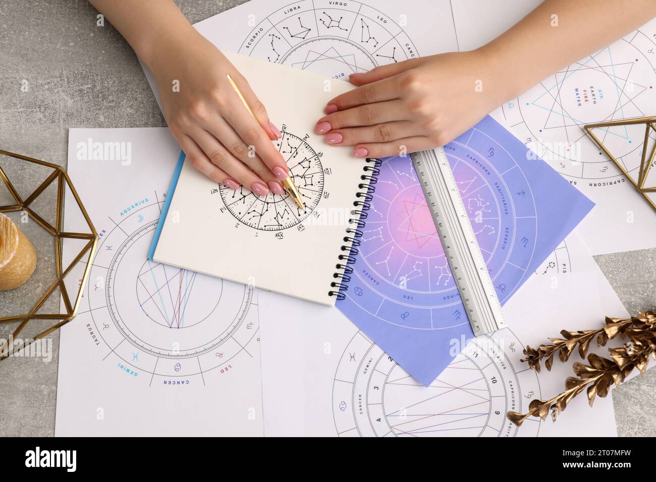 Astrologer using zodiac wheel for fate forecast at table, top view ...