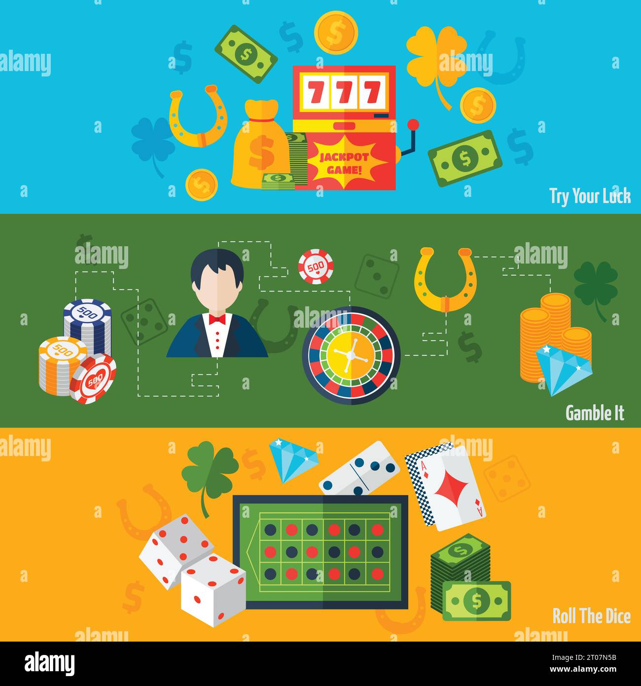 Casino luck poker games risk activity flat horizontal banners set ...