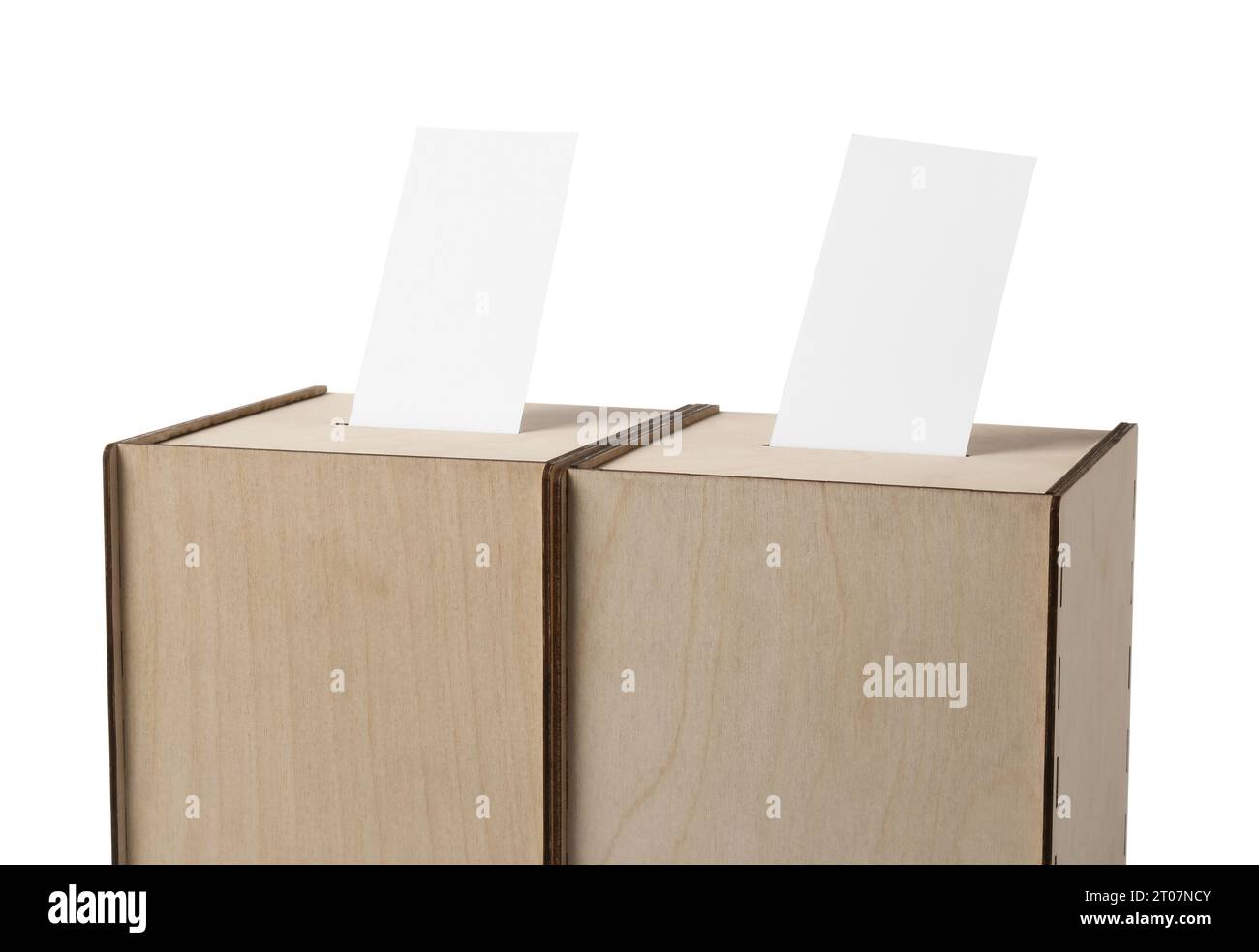 Wooden ballot boxes with votes isolated on white Stock Photo - Alamy