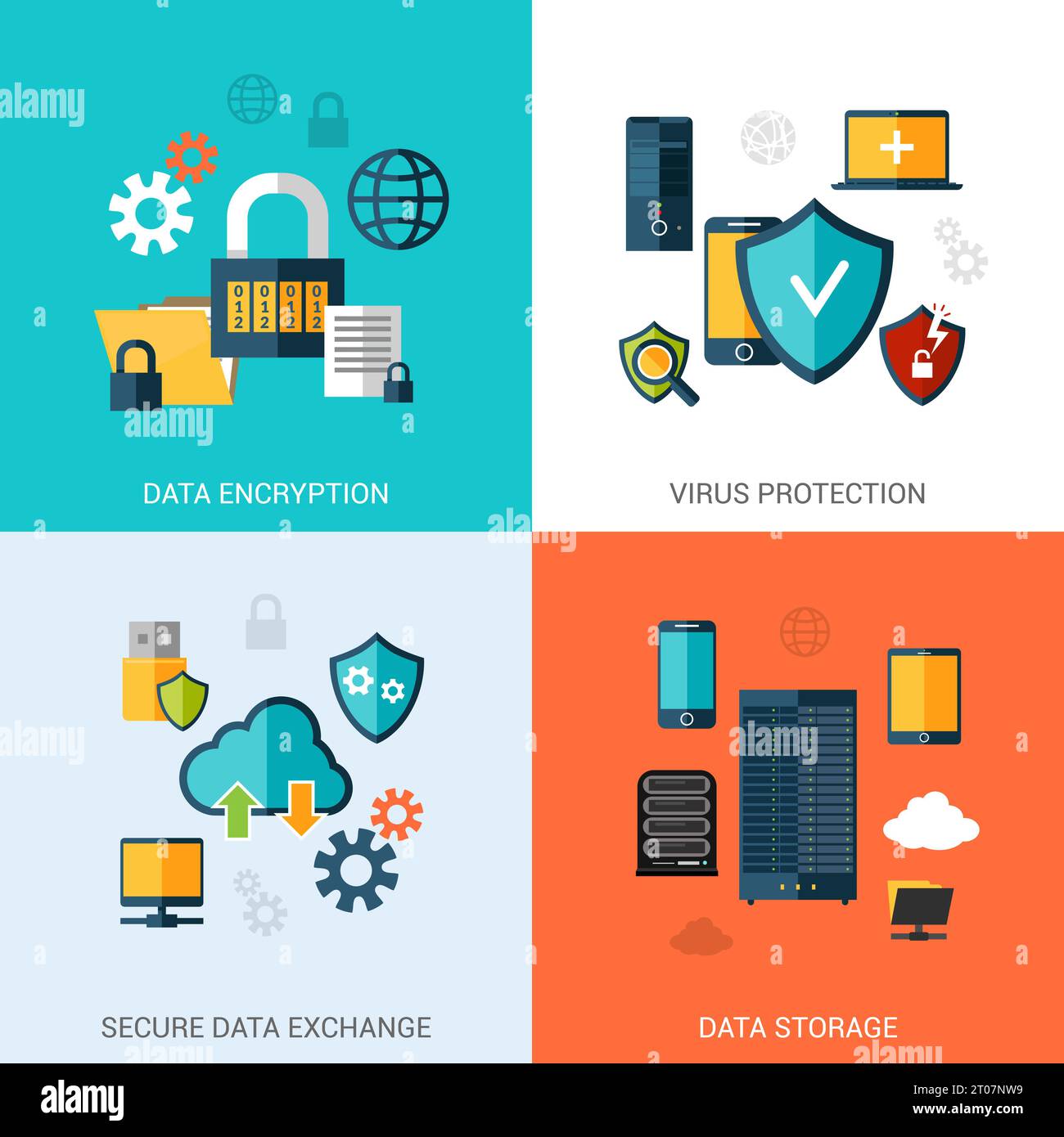 Data protection set with encryption secure exchange storage flat icons ...