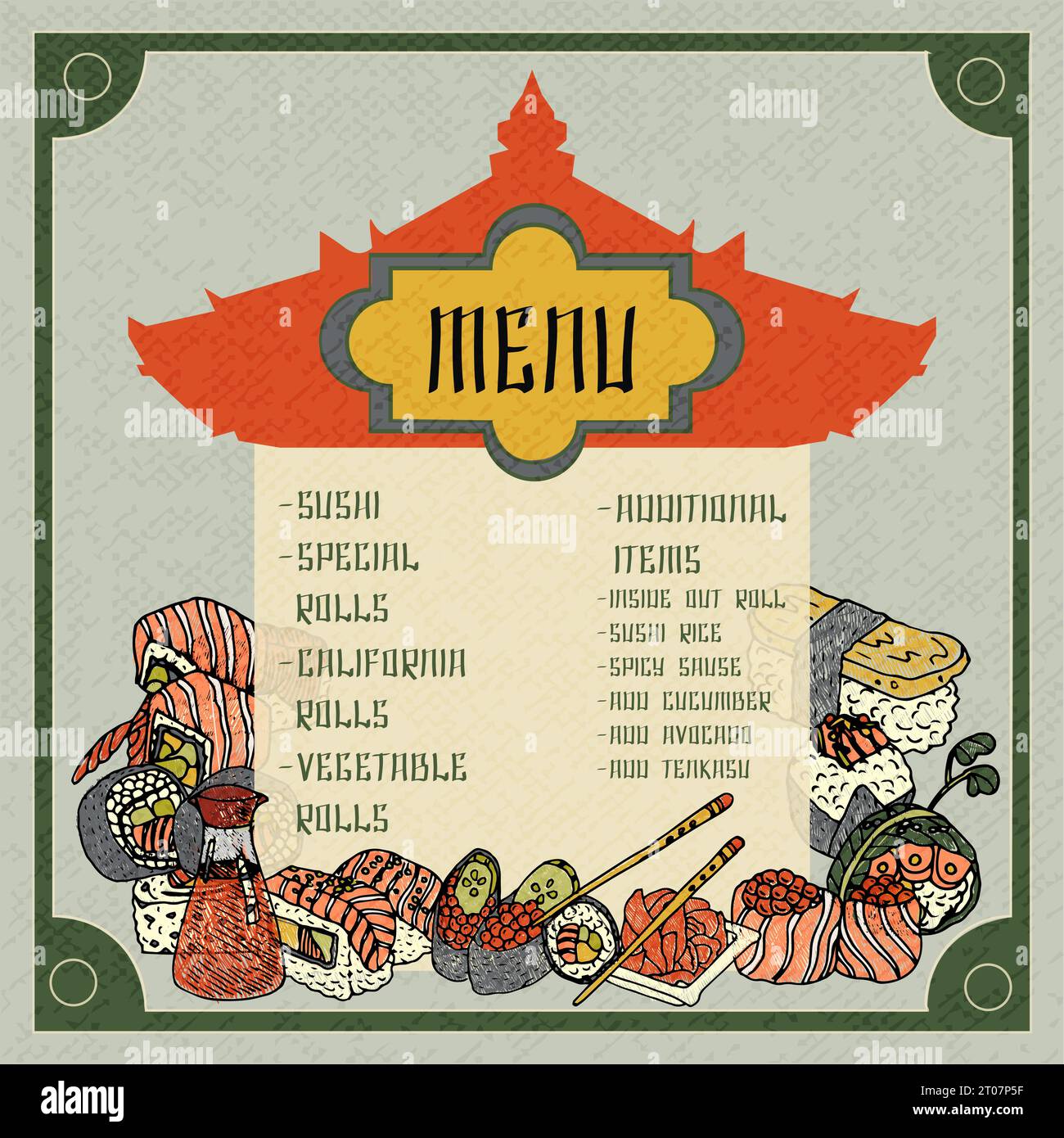 Asian food menu template with hand drawn sushi and fish vector ...