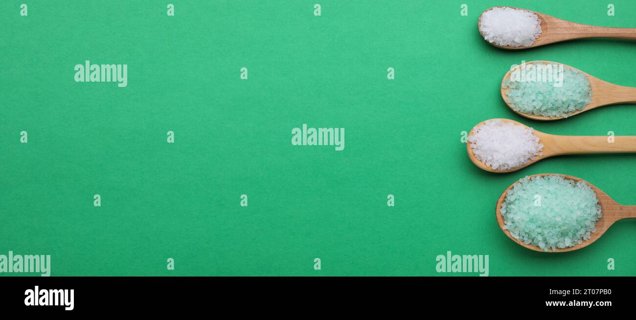 Wooden spoons with different sea salt on green background, flat lay ...