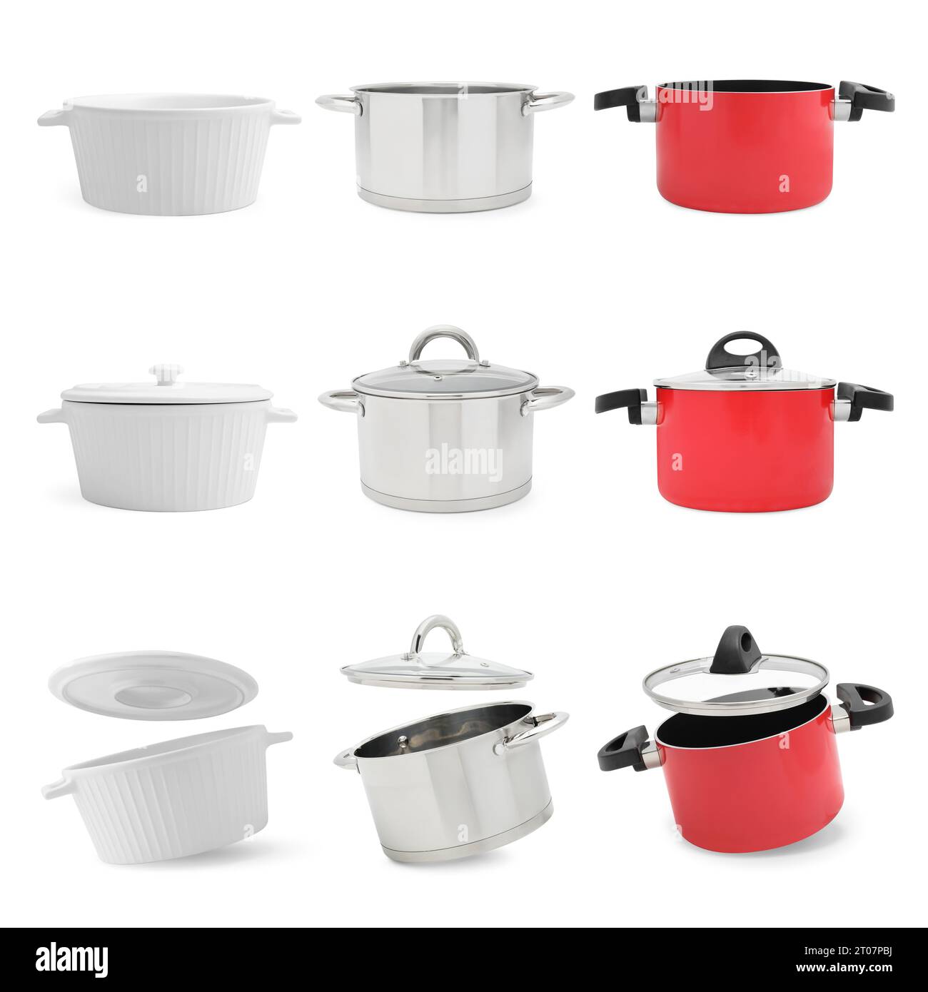 Set with different pots isolated on white Stock Photo - Alamy