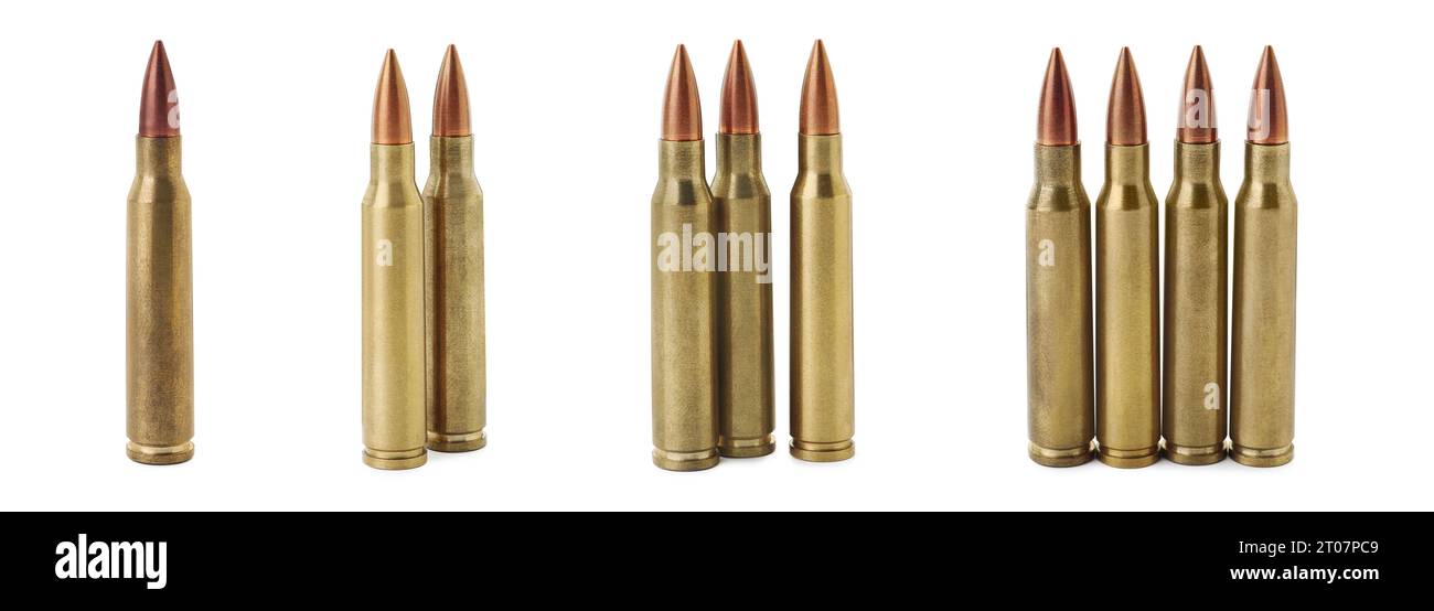 Set of many bullets on white background. Firearm ammunition Stock Photo ...