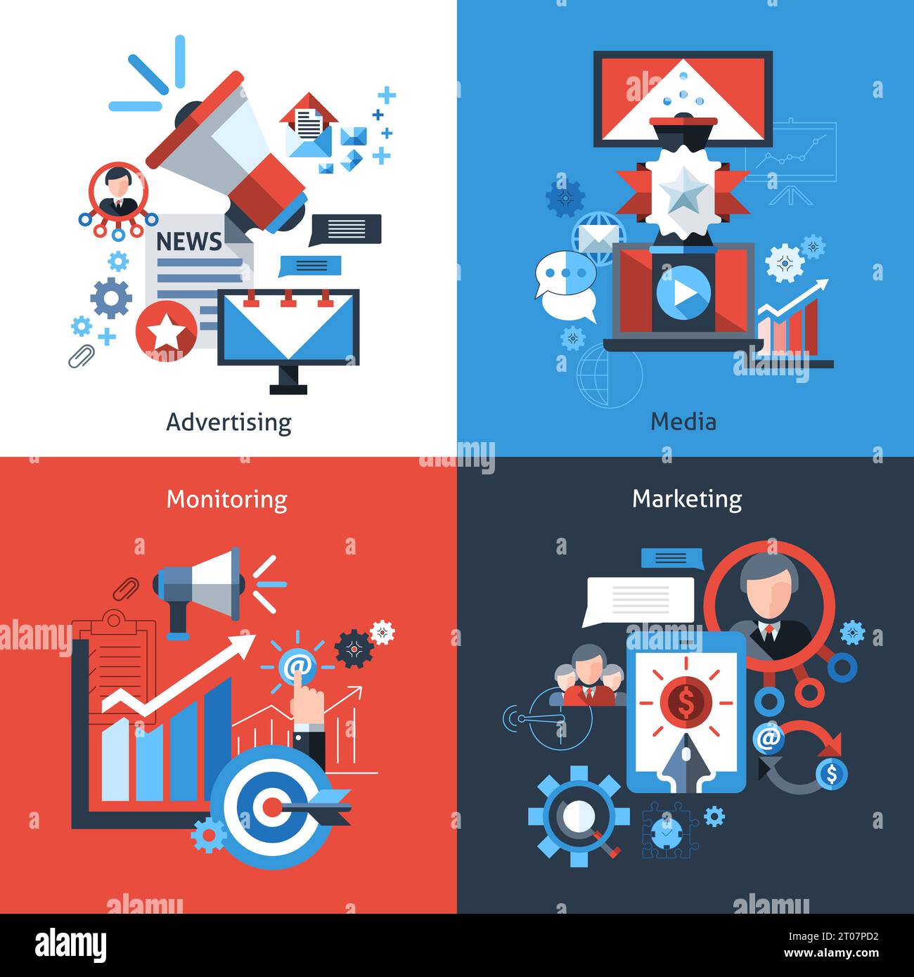 Advertising marketing design concept set with media monitoring flat ...