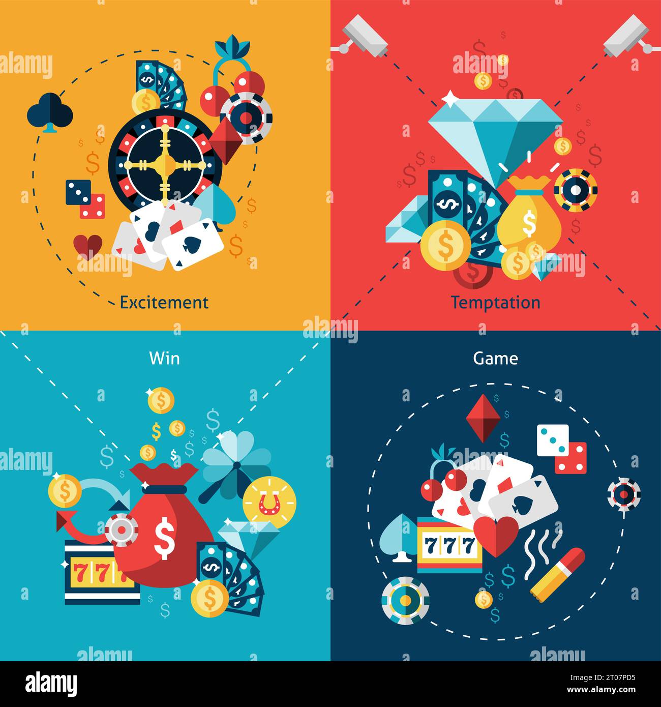 Casino design concept set with excitement temptation win game flat ...