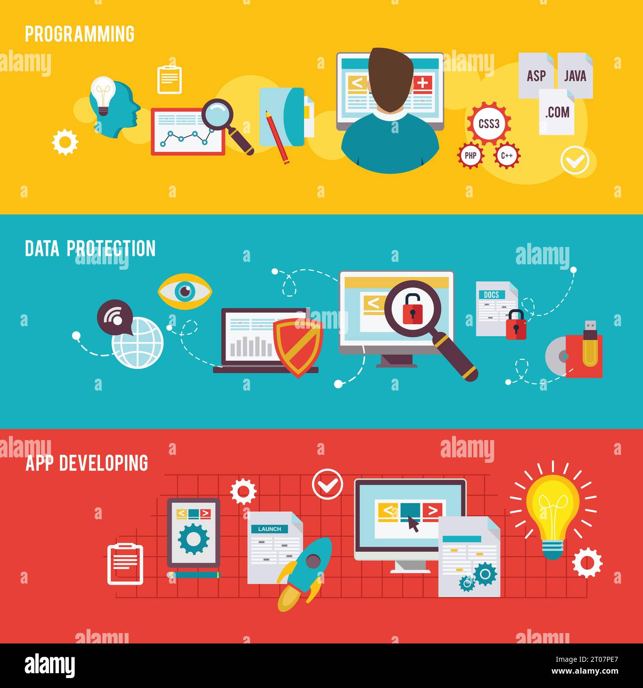 Programmer icon flat set isolated with data protection app developing ... Programmer icon flat set isolated with data protection app developing ...