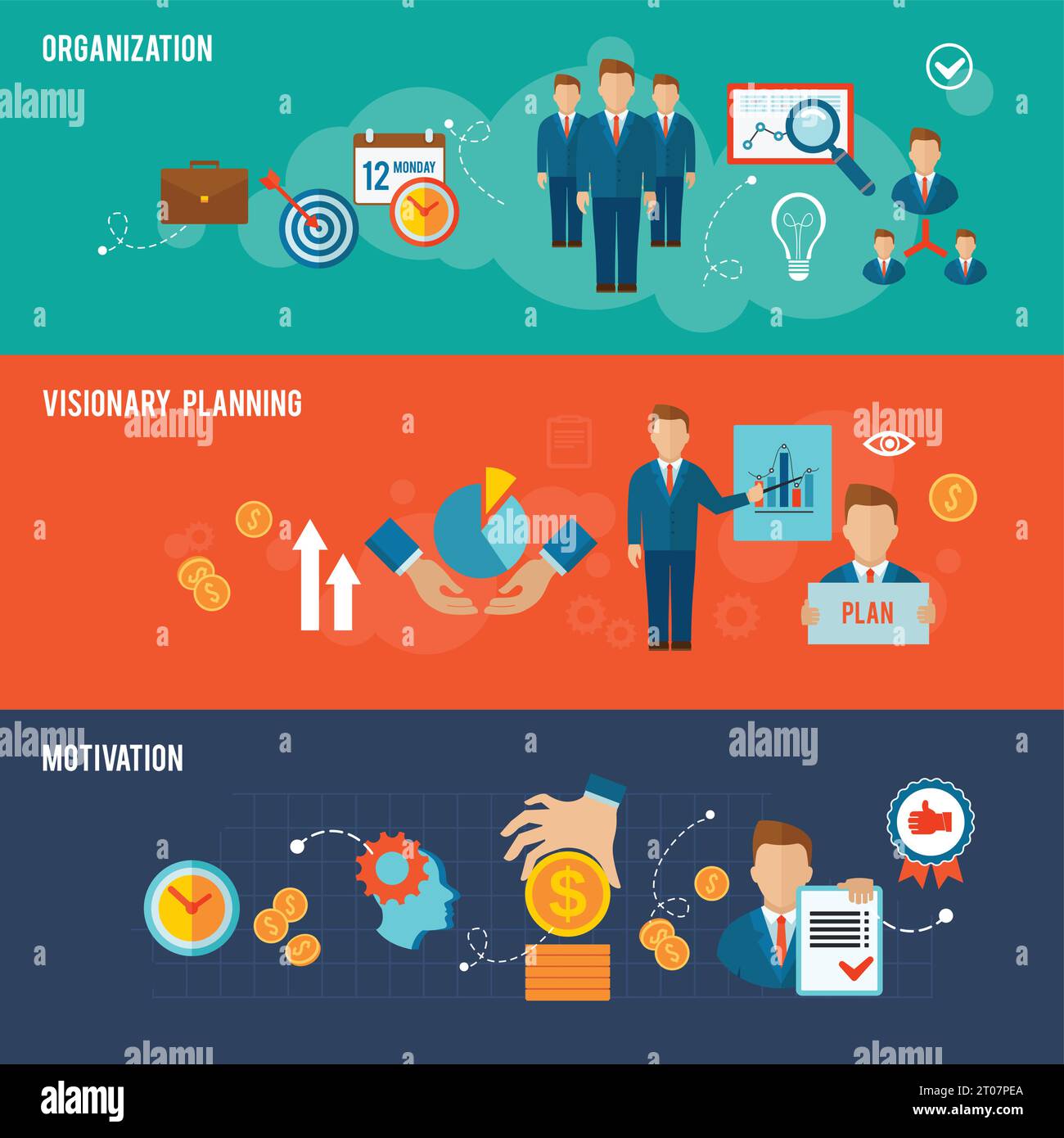 Management horizontal flat banner set with organization visionary ...