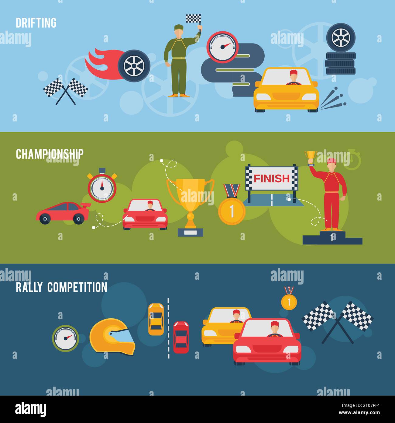 Auto sport flat banner set with drifting championship rally competition ...