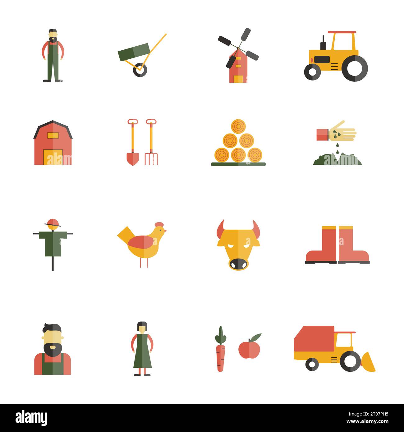 Farm icon flat set with barn cattle cow farming tools isolated vector ...