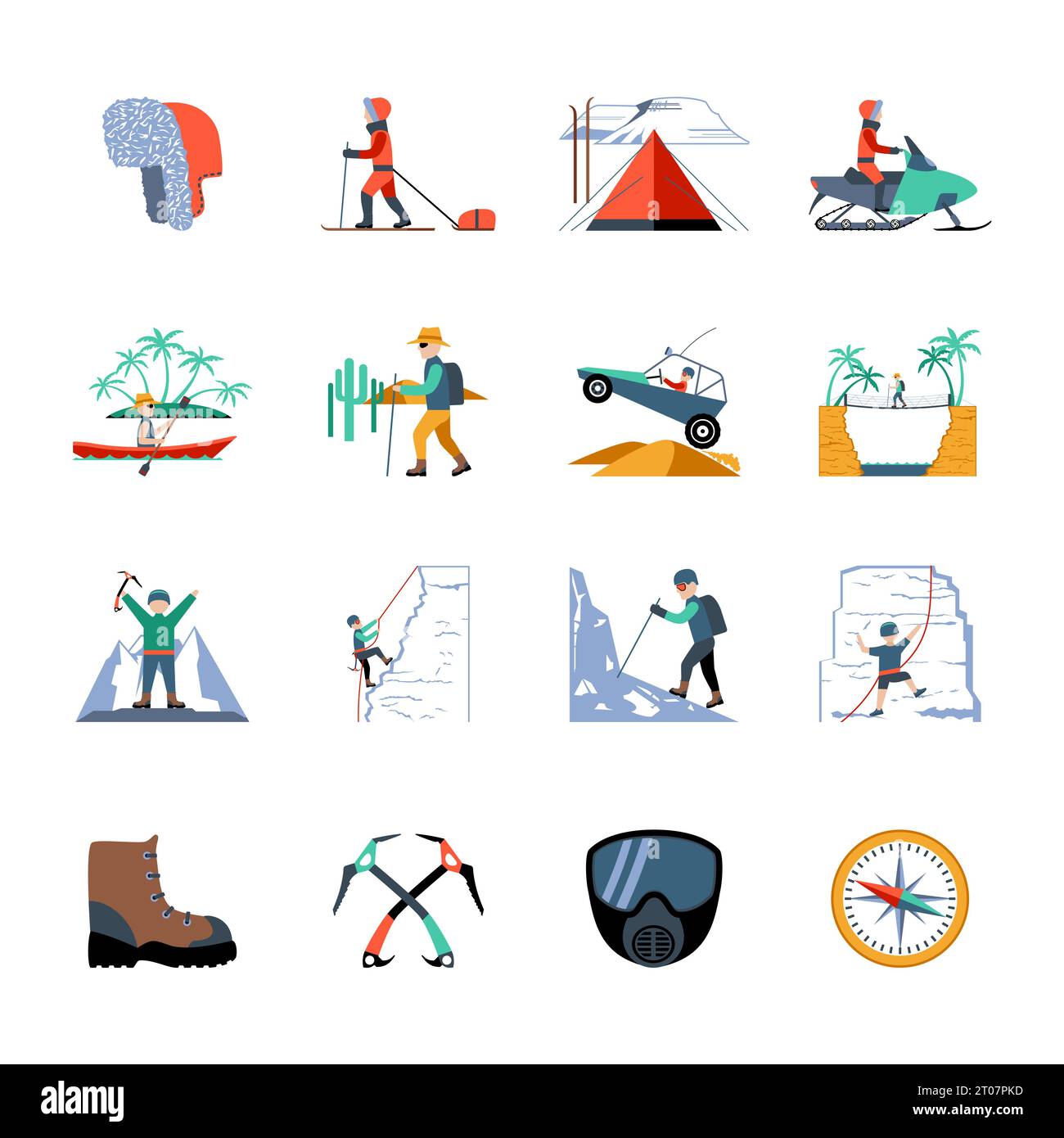 Expedition hiking and mountain climbing icons set isolated vector ...