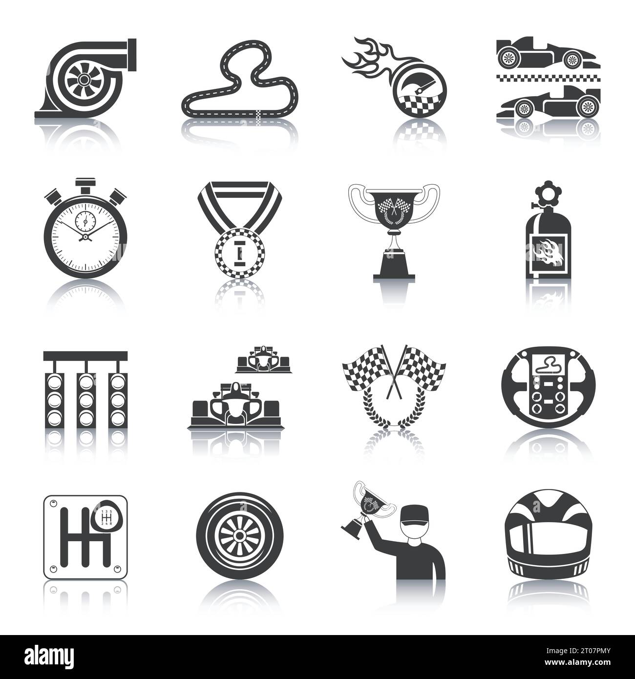 Racing icons black set with trophy auto helmet timer isolated vector ...