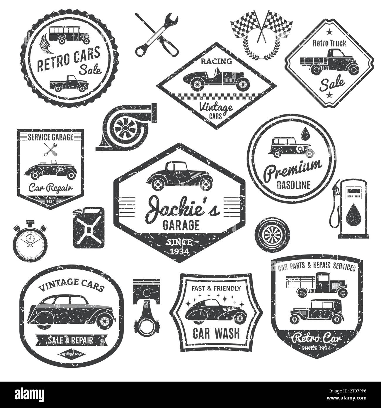 Retro car labels and stickers black set isolated vector illustration ...