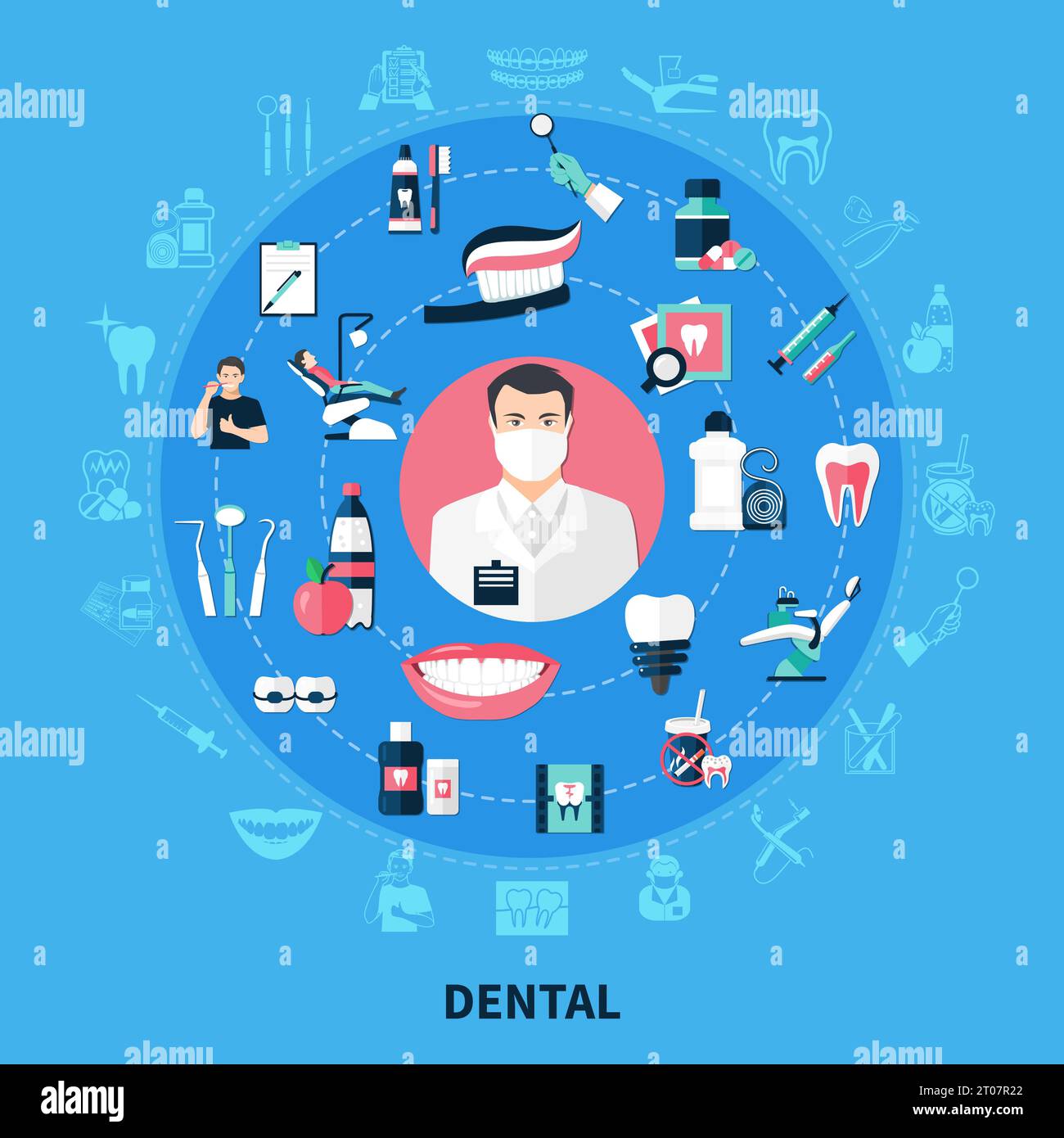 Dental round design concept with stomatological equipment toothpaste ...