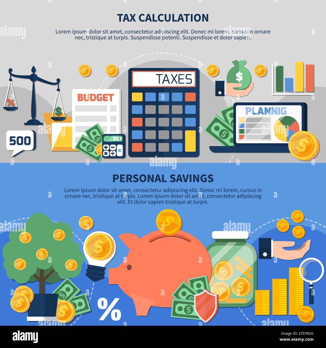 Set of horizontal banners with taxes calculation, budget planning ...