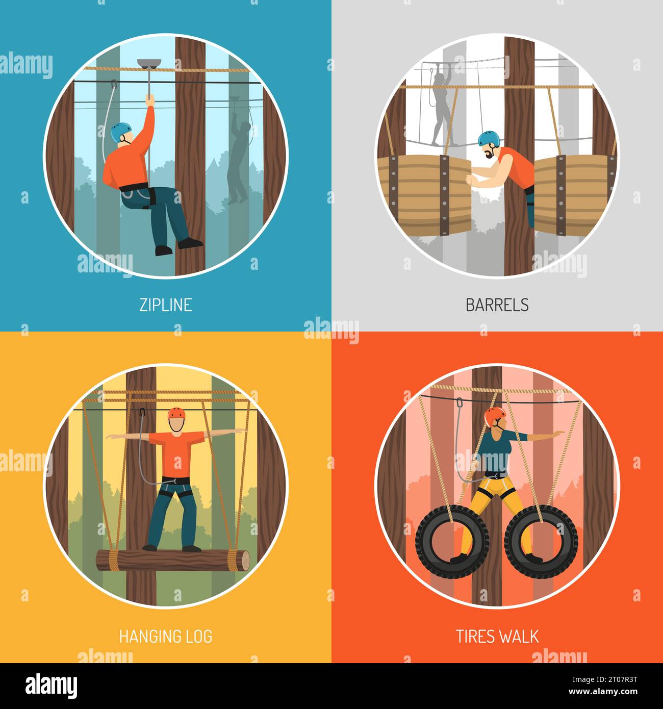 Ropes course outdoor adventure concept 4 flat icons with zip line tour ...