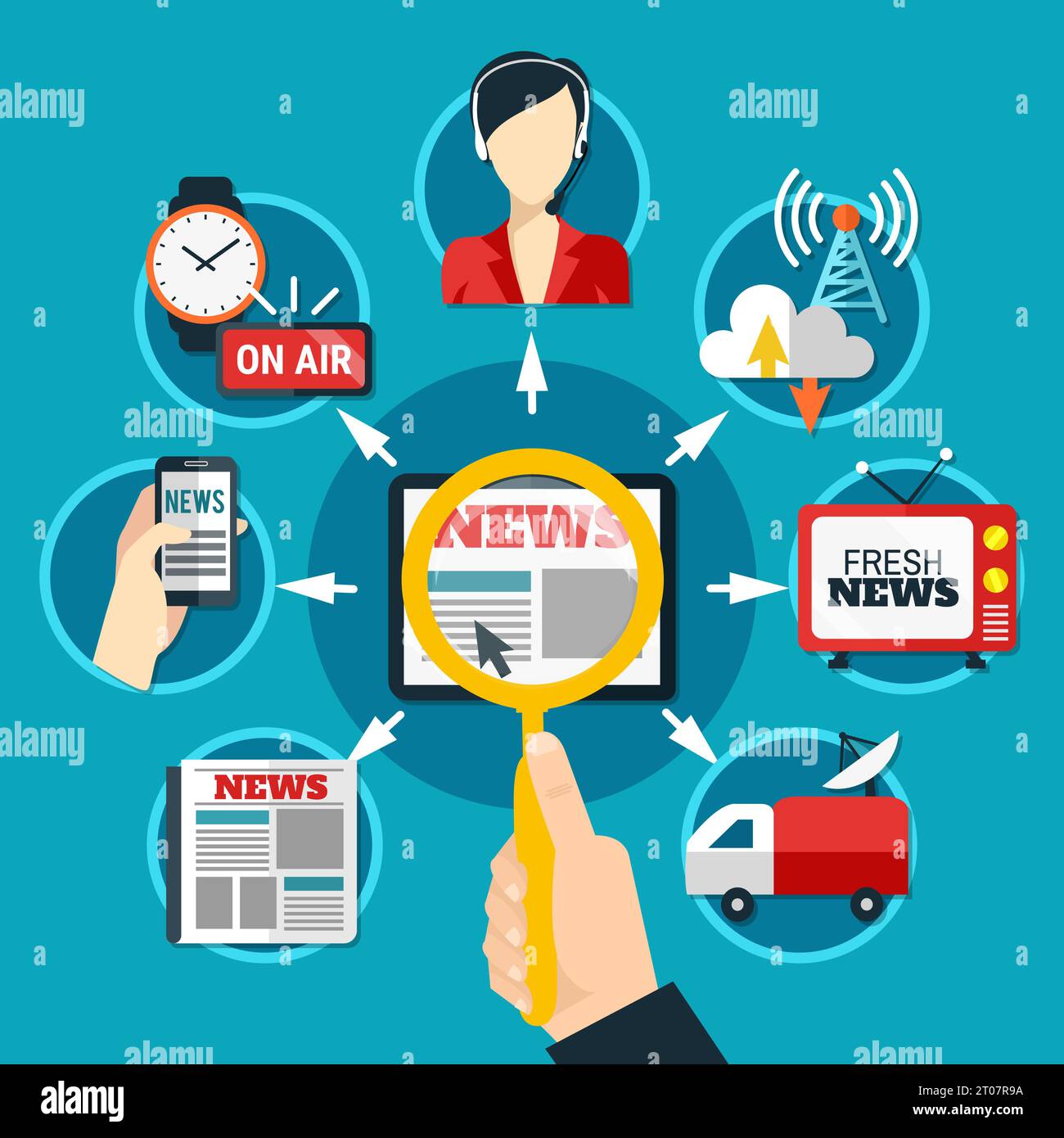 Media round icons set on fresh news theme in paper and electronic forms ...