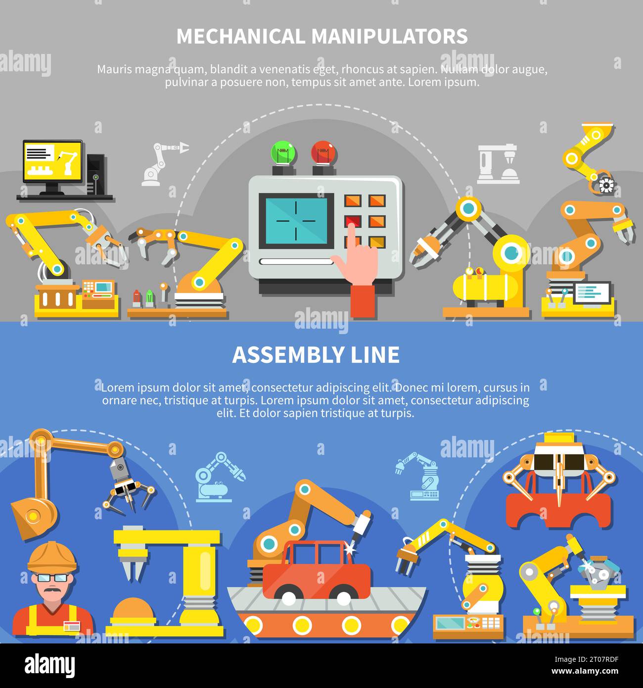 Two horizontal robotic arm composition set with mechanical manipulators ...