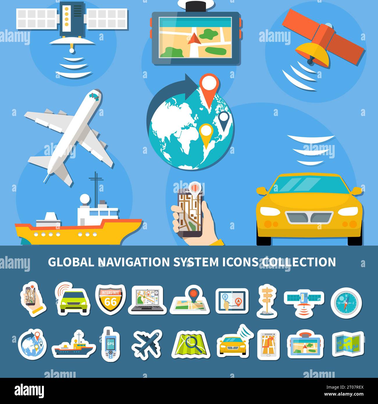 Collection of isolated global navigation system icons with composition ...