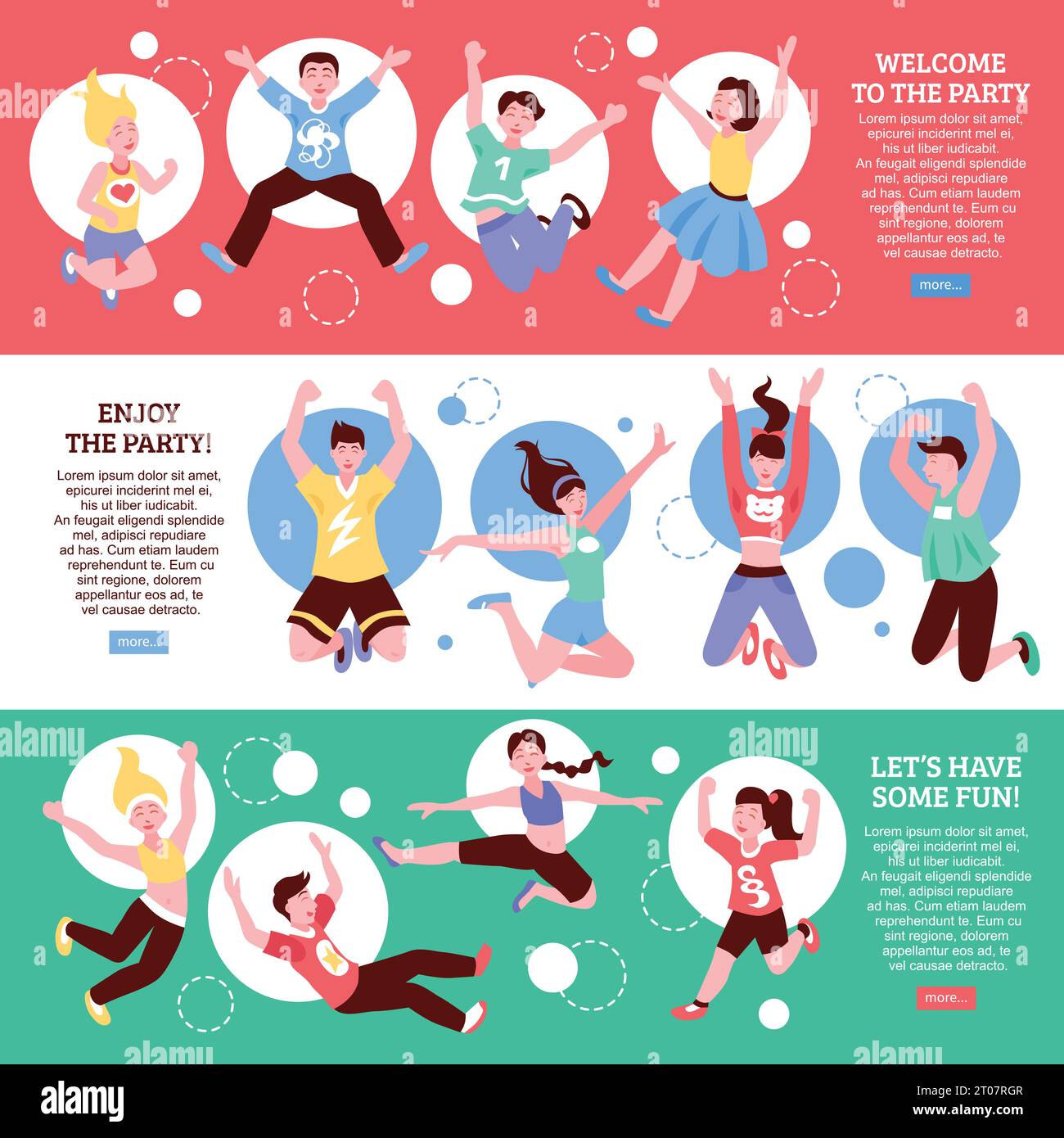 Set of three horizontal jumping people banners with editable text more ...