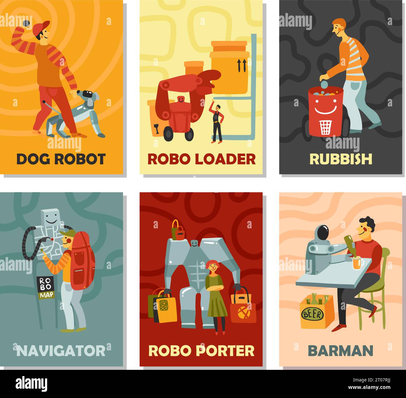 Robots with duties dog, trash can, navigator, barman, porter, vertical ... Robots with duties dog, trash can, navigator, barman, porter, vertical ...