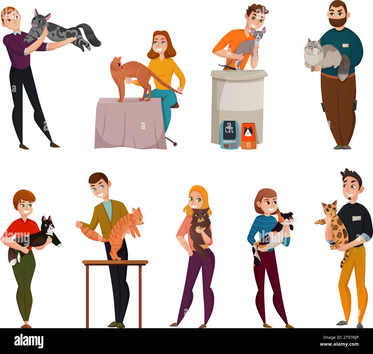 All-breed cats show isolated cartoon icons set with owners presenting ...