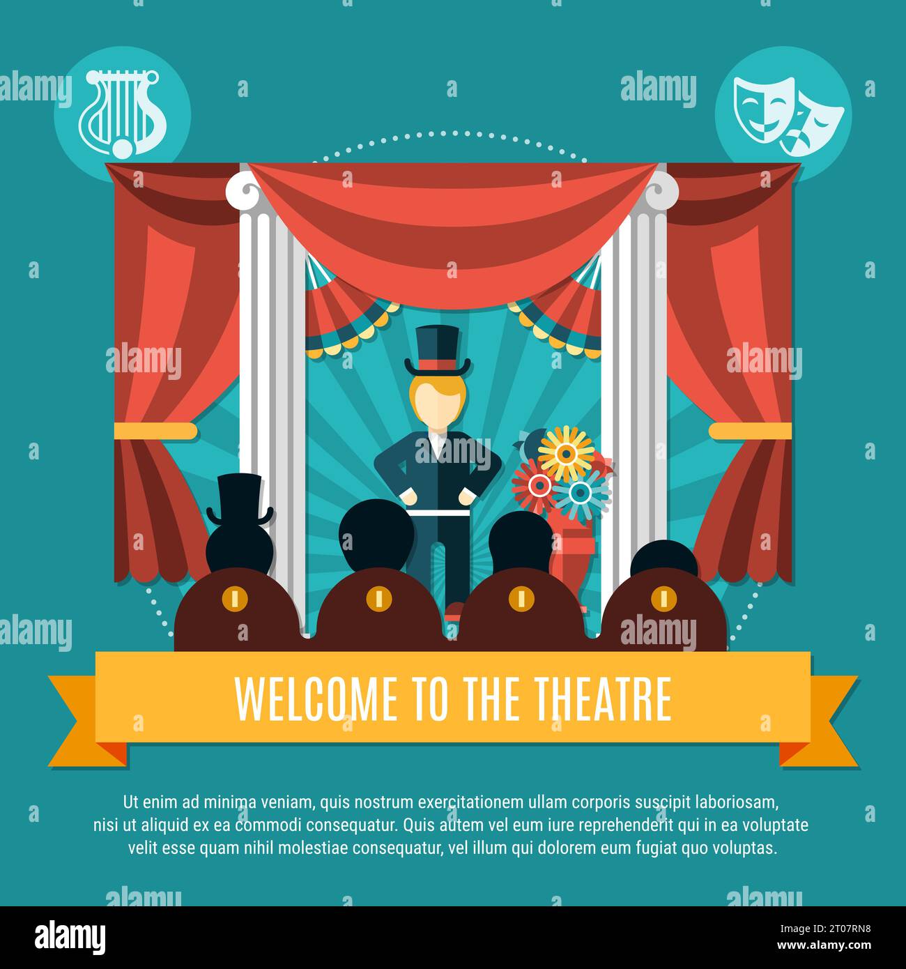 Theatre colored concept with welcome to the theater headline on yellow ...
