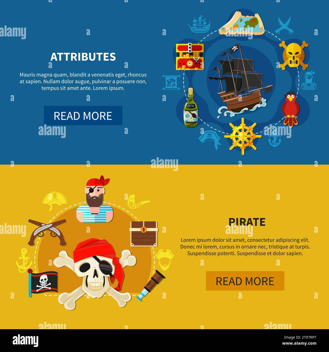 Set of horizontal cartoon banners with pirate attributes including ship ...