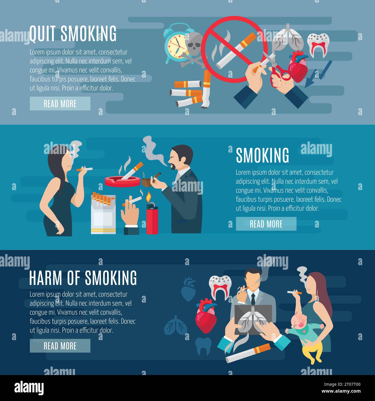 Smoking horizontal banner set with nicotine danger elements isolated ...