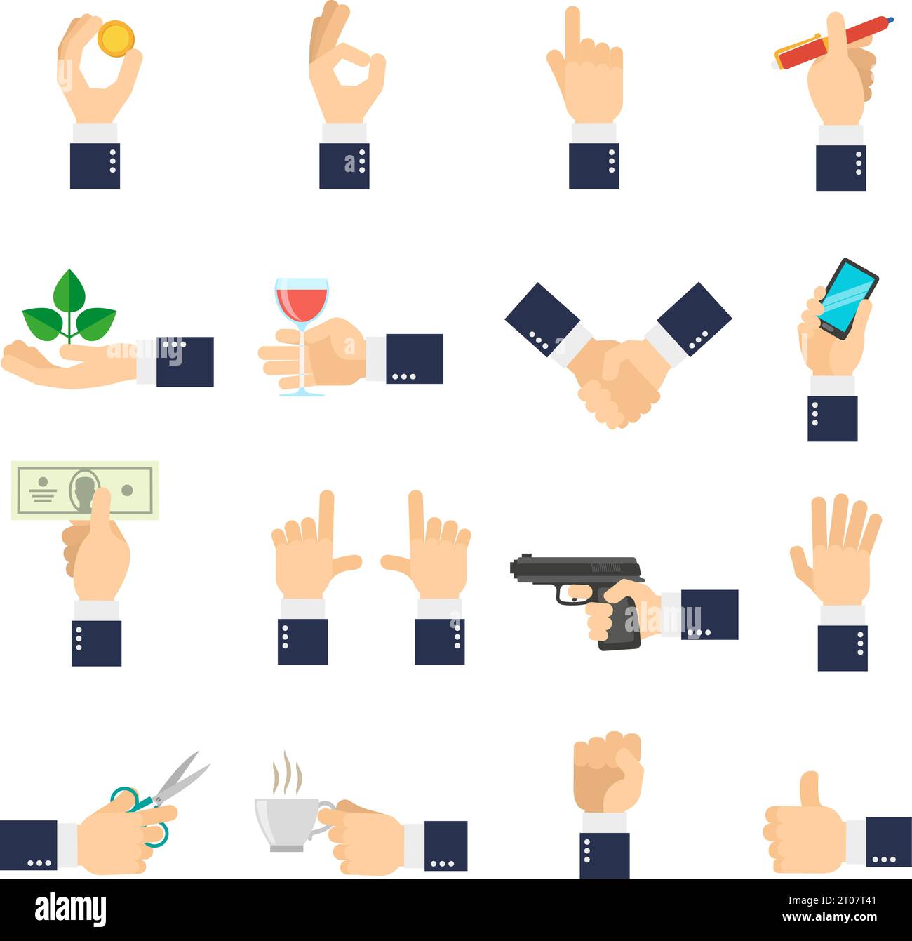 Business hand with different objects icons flat set isolated vector ...