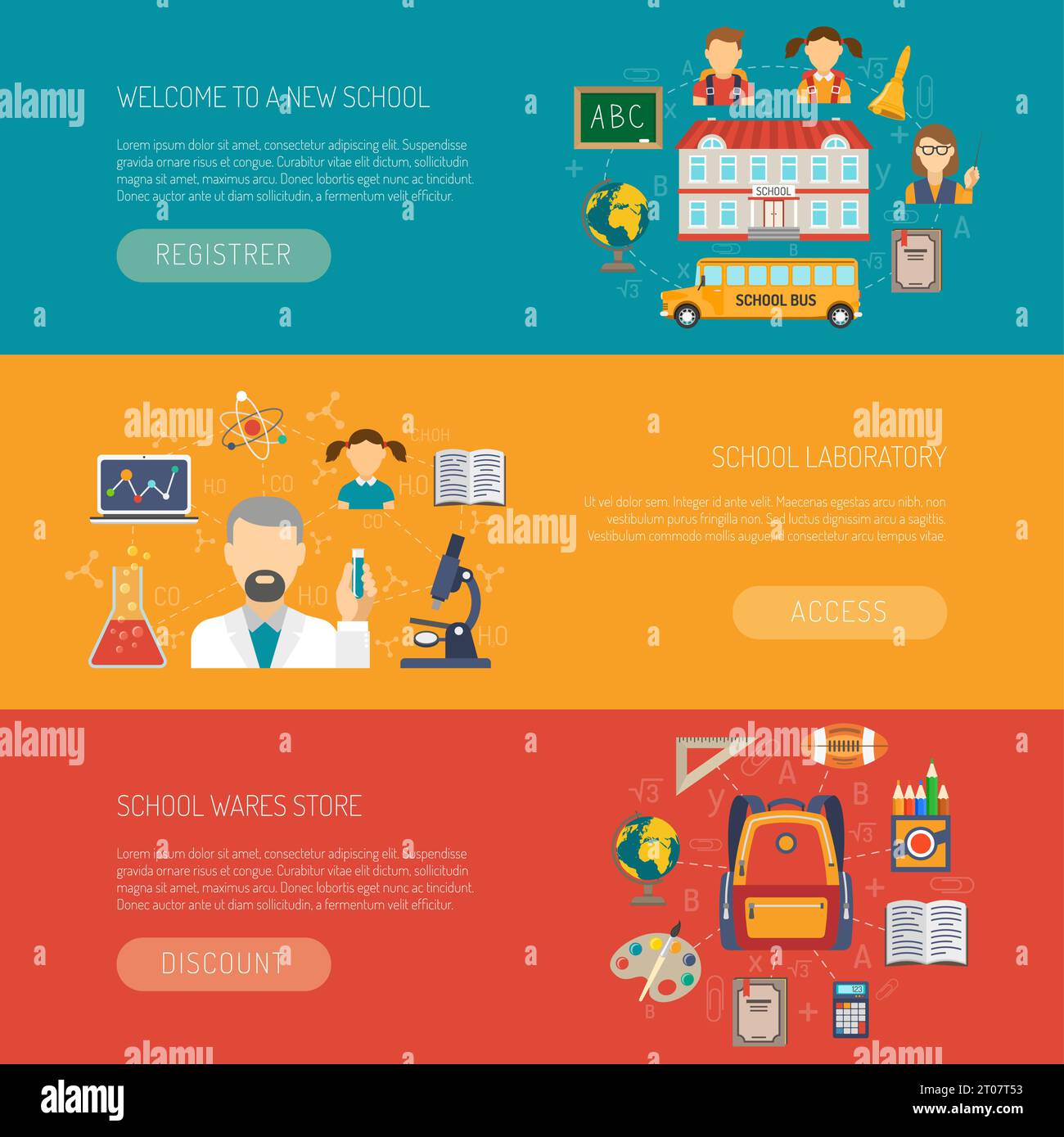 Education banner horizontal set with flat school elements isolated ...