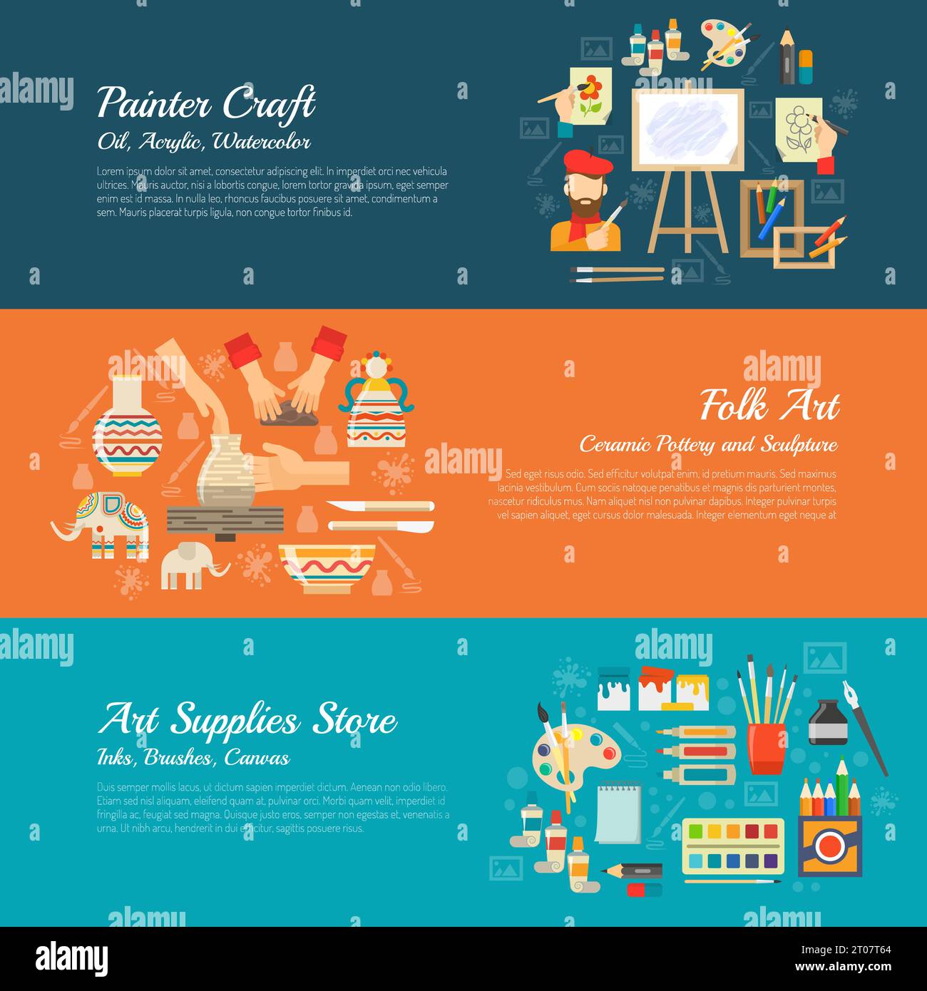 Artist horizontal banner set with painter supplies elements isolated ...