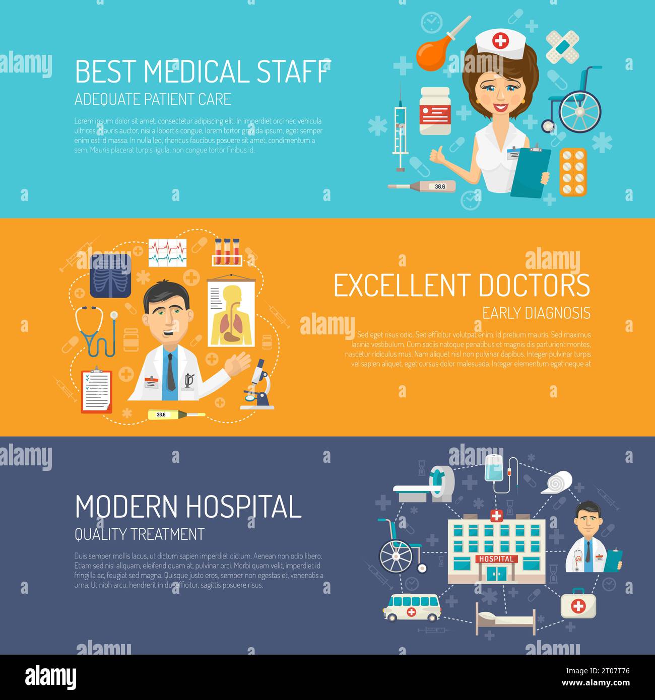 Medical care horizontal banner set with healthcare elements flat ...