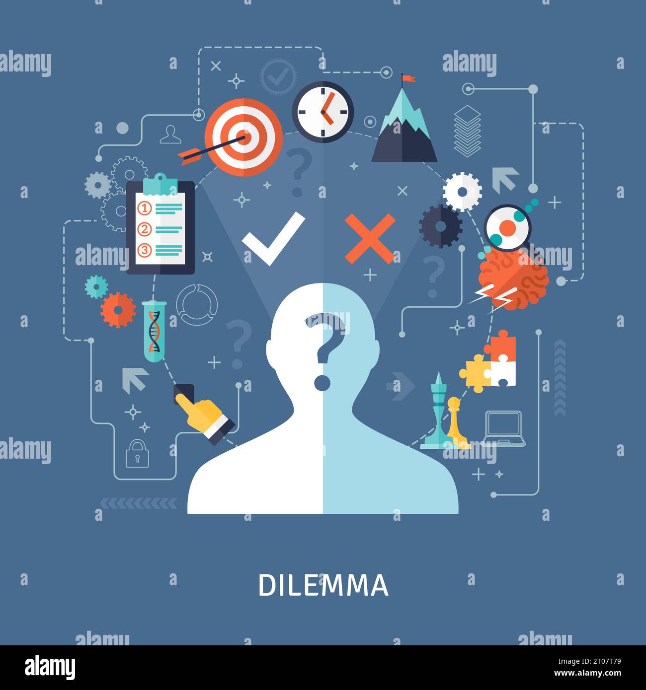 Dilemma concept with target plan and strategy symbols on blue ...