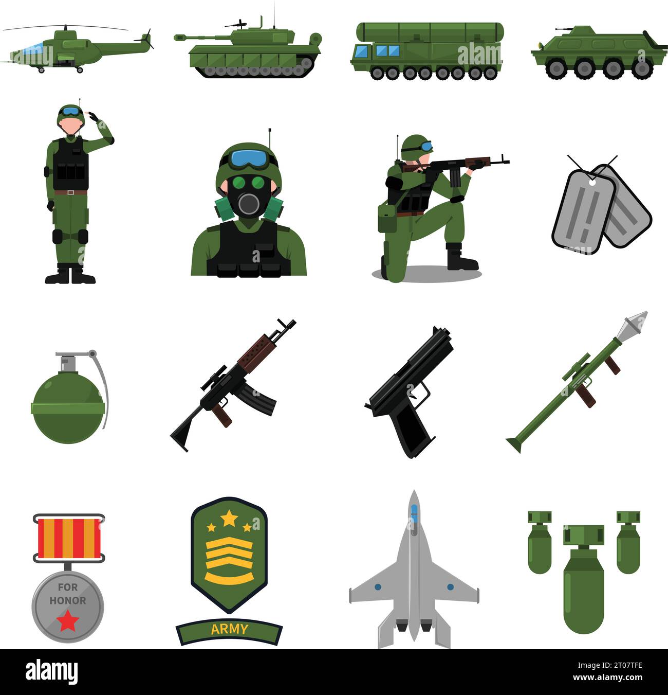 Army icons set with weapons soldiers and equipment flat isolated vector illustration Stock ...