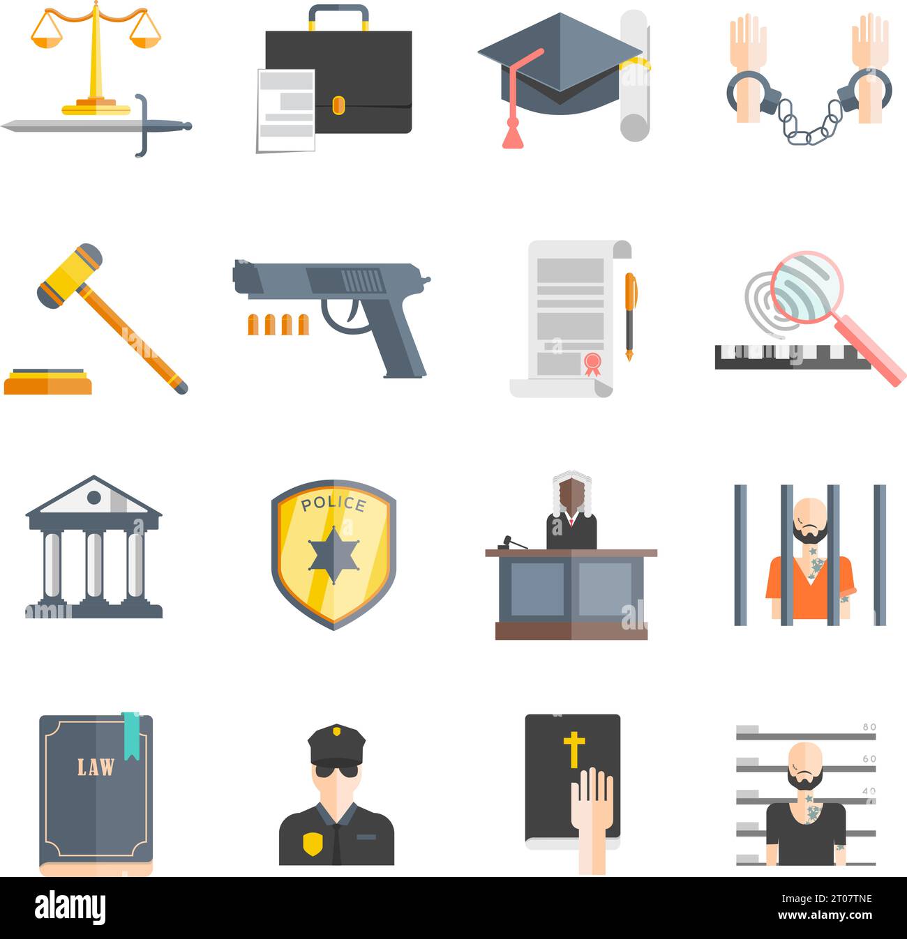 Justice and law enforcement icons set with prison and court flat ...