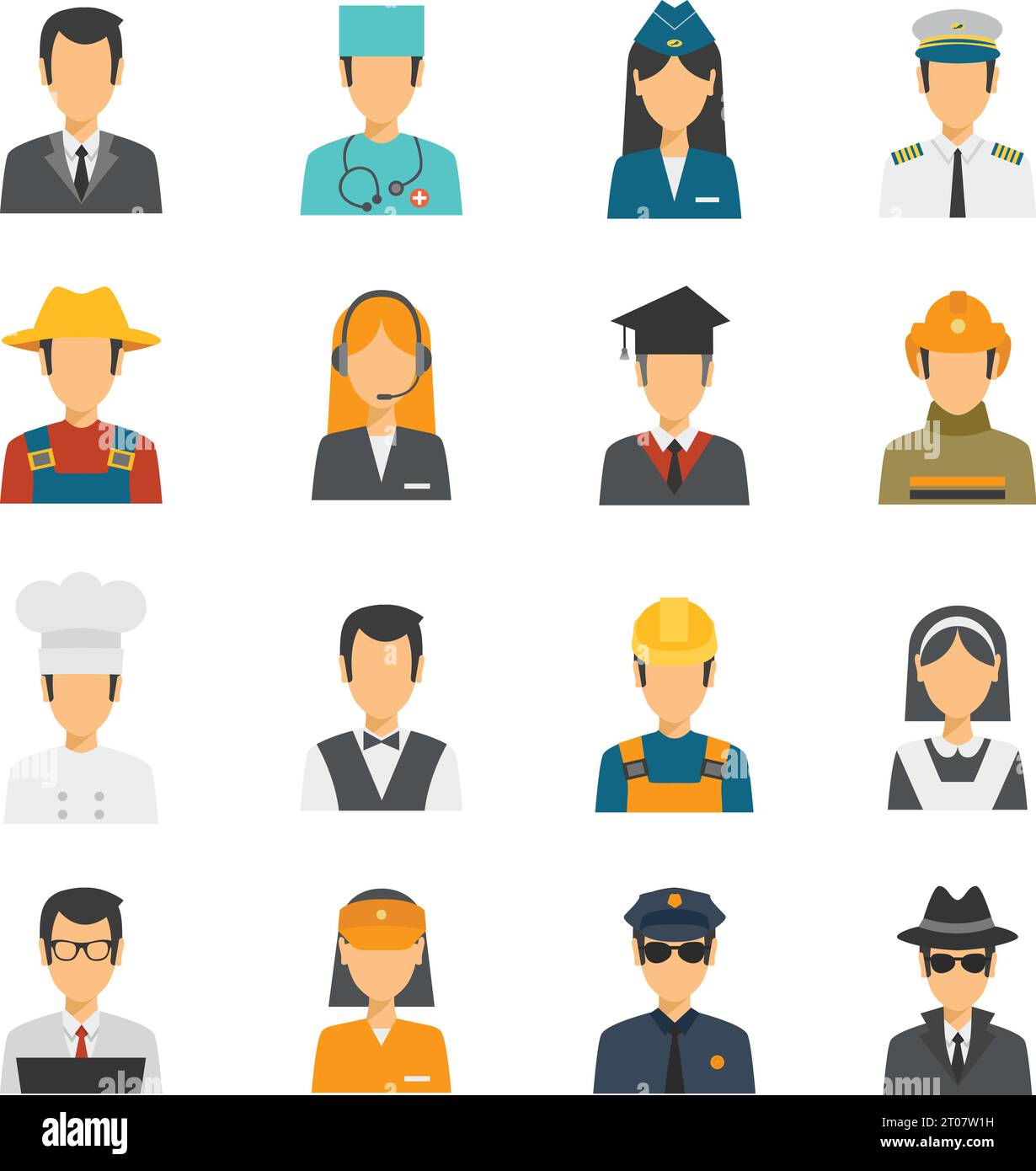 Flat avatar profession set with stewardess labor worker police officer ...