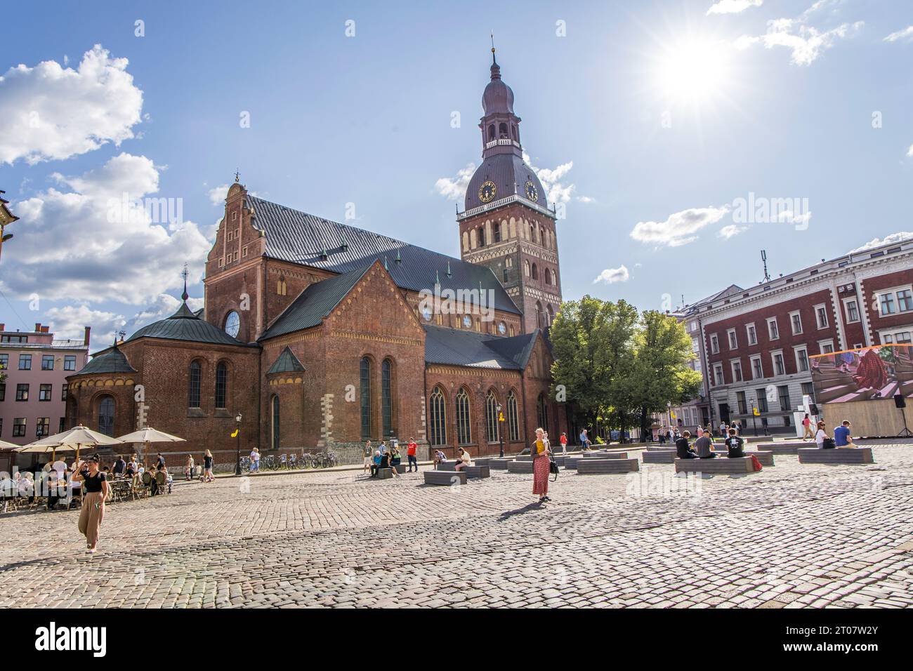Riga, Latvia- July 7, 2023: Dome Square with Riga Cathedral in old town ...
