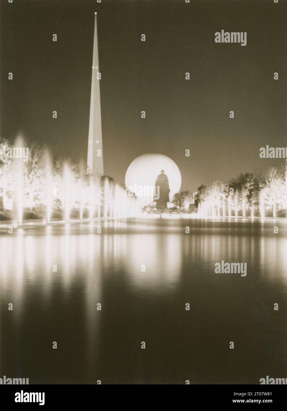 Antique photograph, night view of the fountains and the statue of ...