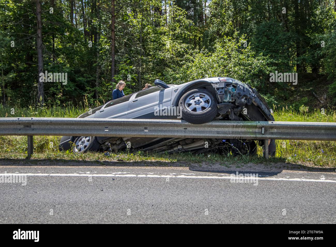 Zarasai, Lithuania- July 15, 2023: Volvo car crashed into side road ...