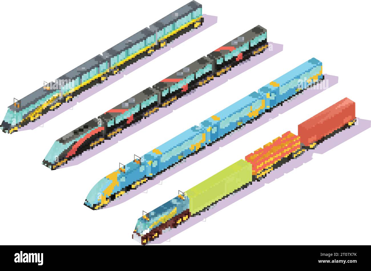 Trains composition of four isolated images of isometric train sets with ...