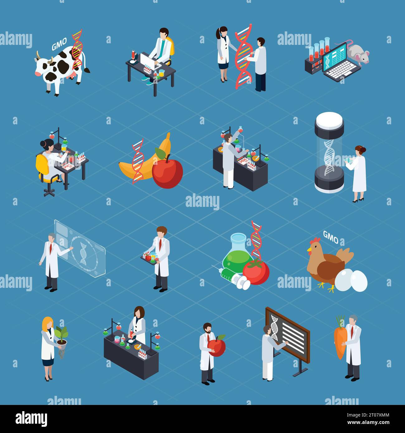 GMO related icons set with researchers conducting scientific experiments dna signs genetically ...